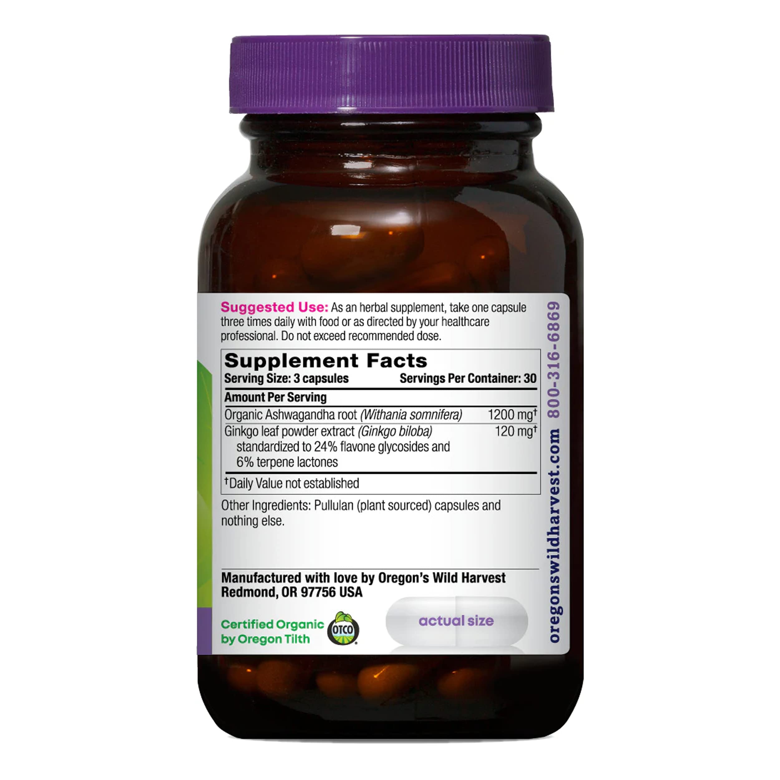 Oregon's Wild Harvest Ashwagandha Ginkgo Organic Non-GMO Herbal Supplements Vegan Plant sourced Capsules | Support for Calm and Relaxed Mind, 90 Count
