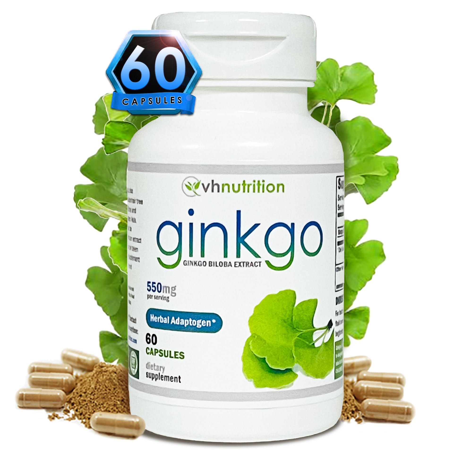 VH Nutrition Ginkgo BILOBA | 550mg Standardized Extract Supplements | Cognitive and Memory Support* | Boost Mental Clarity and Focus | Brain Health Supplement | 60 Capsules