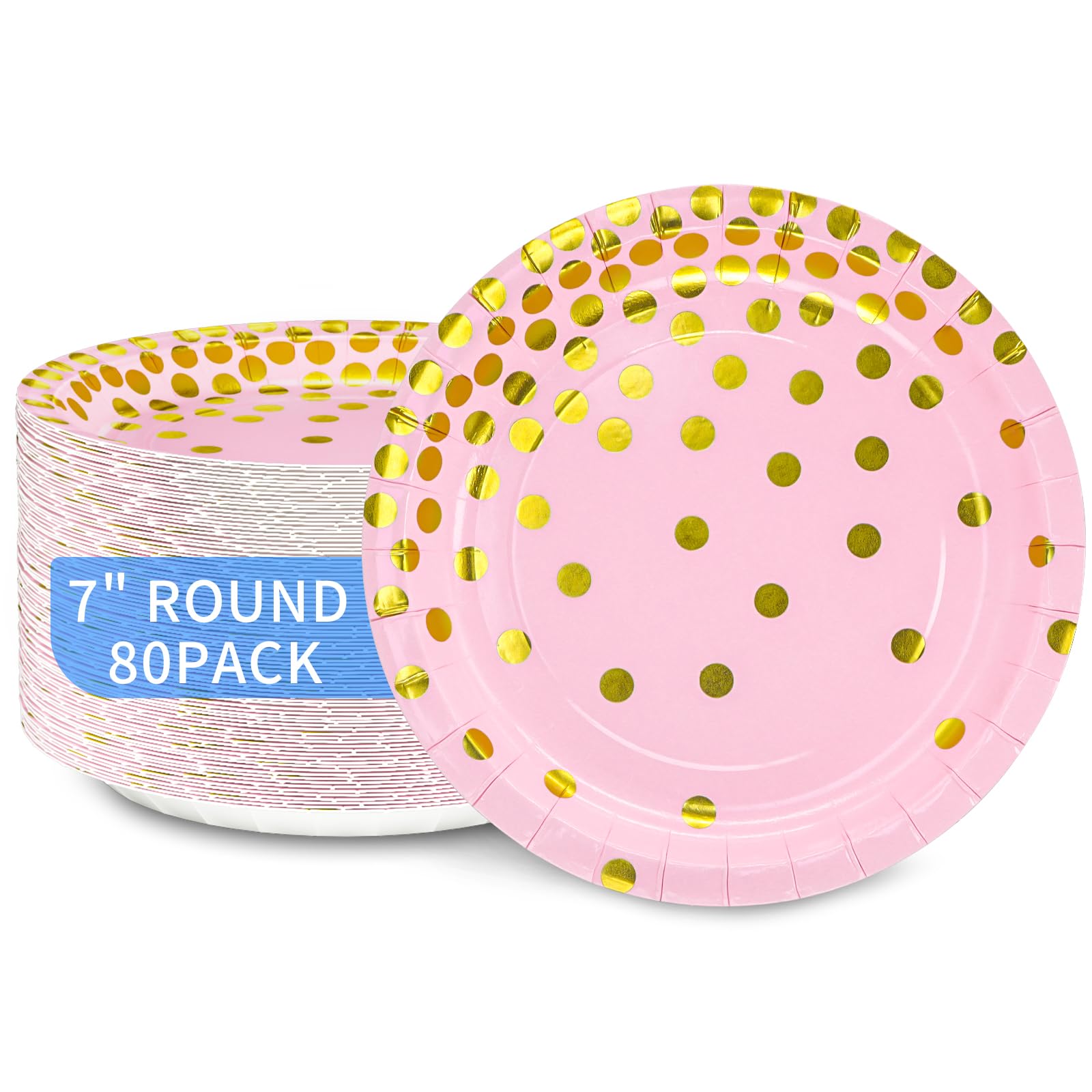 DYLIVeS 80 Count Pink and Gold Paper Plates, 7 inch Metallic Foil Polka Dots Disposable Dessert Party Plates Cocktail Party Supplies Plates for Birthday, Bridal Shower, Easter, Graduation Party