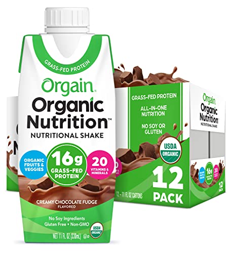 Orgain Organic Nutritional Shake, Creamy Chocolate Fudge - Meal Replacement, 16g Grass Fed Whey Protein, 20 Vitamins & Minerals, Gluten & Soy Free, Kosher, Non-GMO, 11 Fl Oz (Pack of 12)