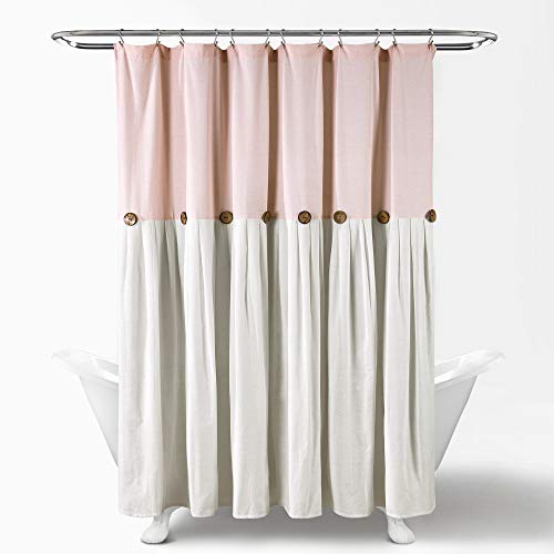 Lush Decor Linen Button Farmhouse Shower Curtain Pleated Two Tone Design for Bathroom, 72" x 72", Blush & White