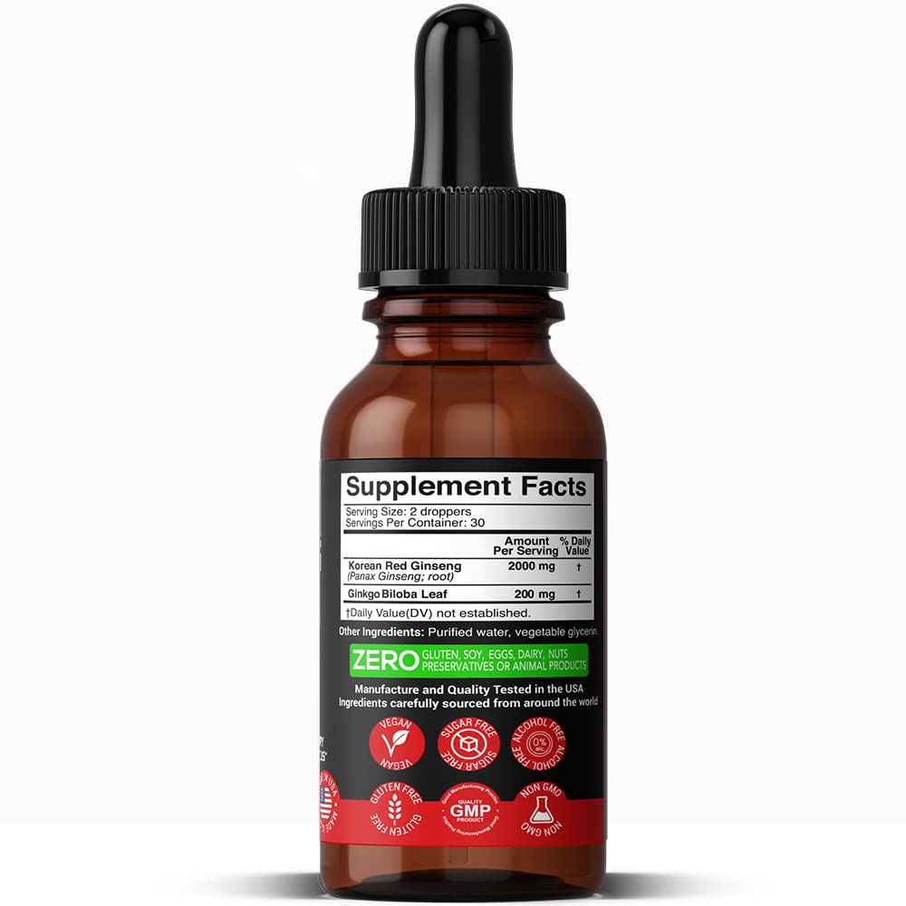 Korean Red Panax Ginseng 2000mg + Ginkgo Biloba Extra Strength Root Extract Supplement for Men & Women,High Ginsenosides, 2 fl oz Natural Advanced Liquid Extract for Energy, Performance & Focus