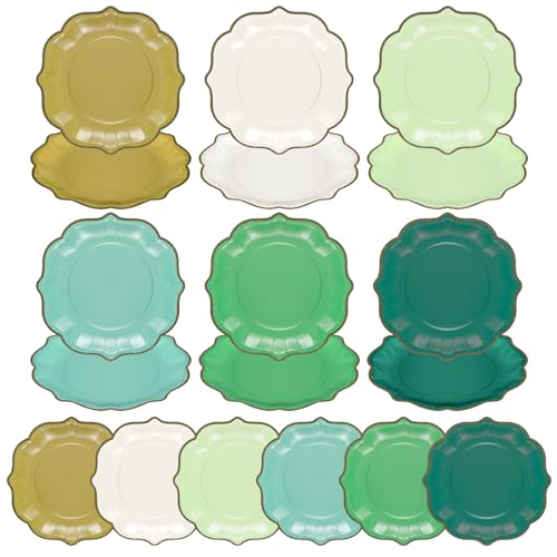 Suttmin 180 Pcs Pastel Paper Plates Gold Foil Scalloped Edging Disposable Paper Plates 9 Inch Dessert Plates Pastel Colors Dinner Plates for Wedding Birthday Baby Shower Bridal Shower (Green Series)