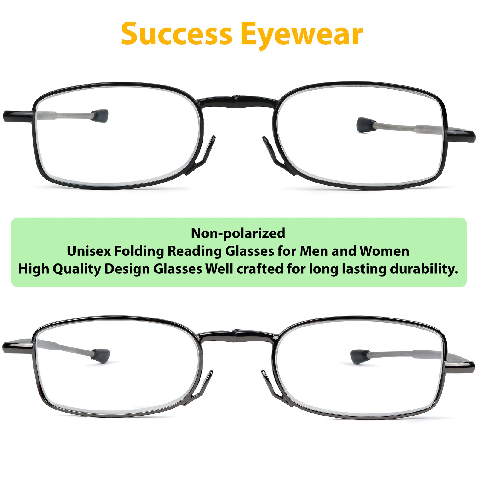 Success Eyewear Reading Glasses 2 Pair Black and Gunmetal Readers Compact Folding Glasses for Reading for Men and Women Case Included Bundle: Set of Black and Gunmetal With 2 Cases 1.5