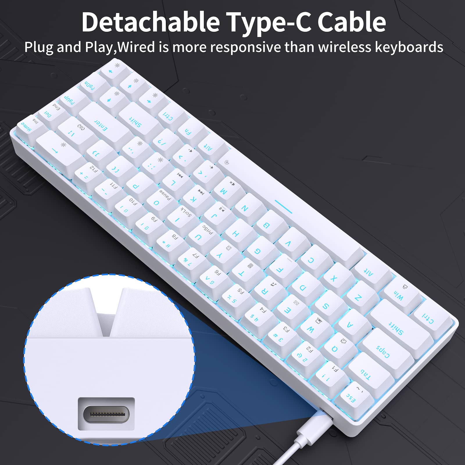 DIERYA T68SE Mechanical Gaming Keyboard, LED-Backlit Wired Keyboard, Ultra-Compact Mini 68-Key White Keyboard with Brown Switches, Anti-Ghosting Keys, for Windows Laptops and PC Gamers