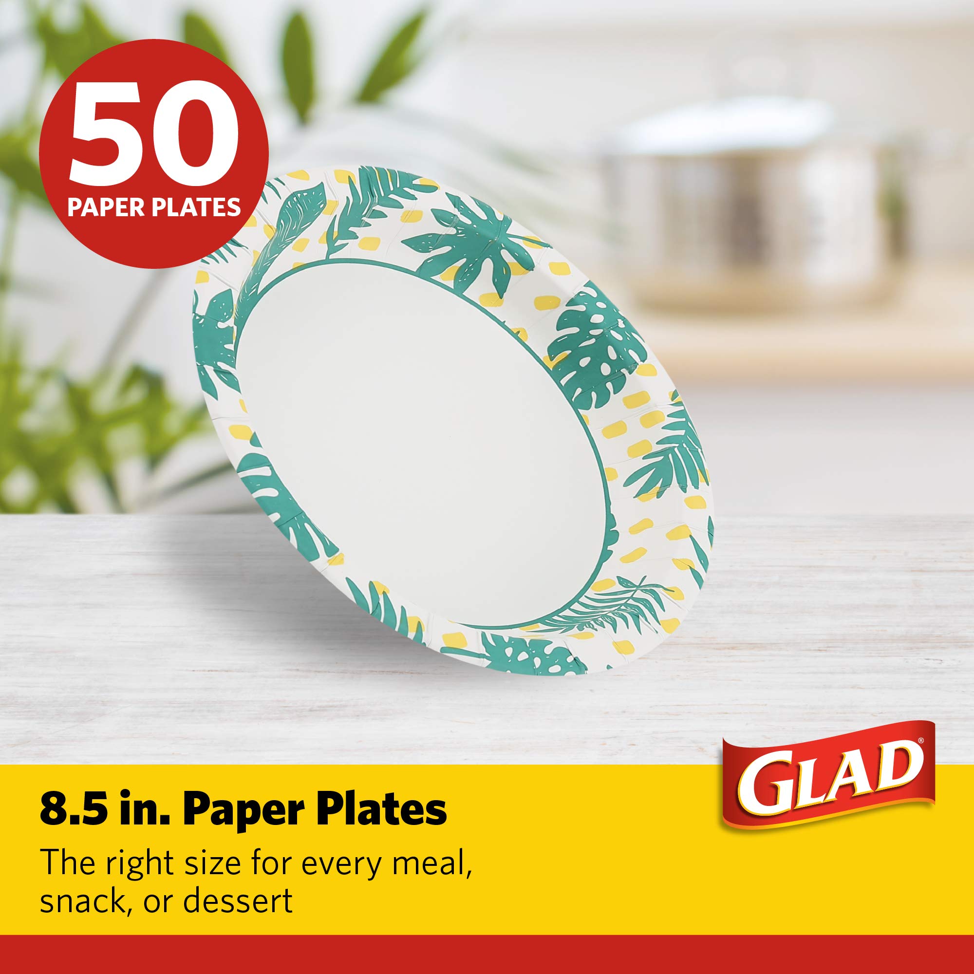 Glad Disposable Paper Plates with Palm Leaves Design, 8.5 Inch Paper Plates | Round Paper Plates for Everyday Use | Cut Proof, Soak Proof Disposable Plates from Glad, 50 Count