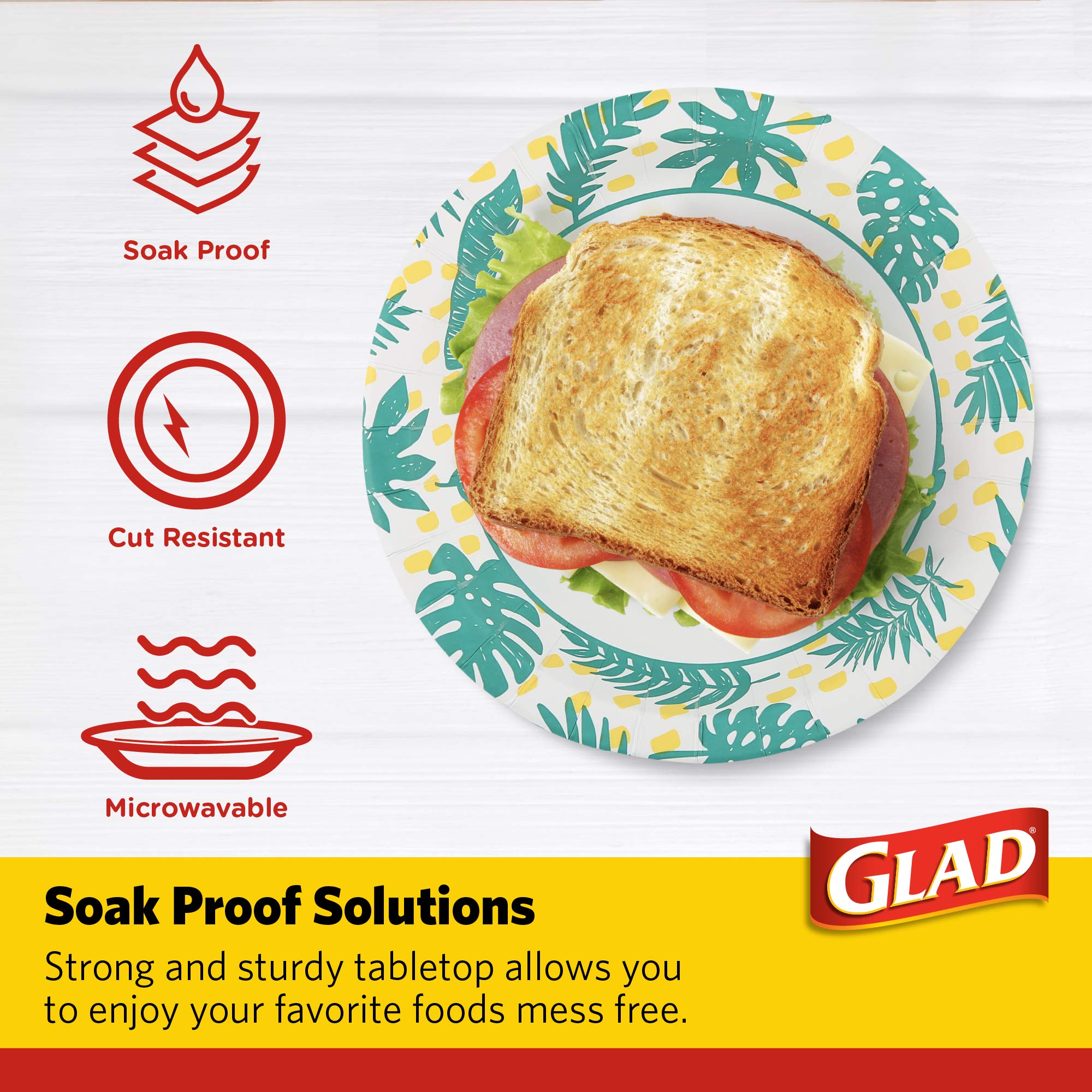 Glad Disposable Paper Plates with Palm Leaves Design, 8.5 Inch Paper Plates | Round Paper Plates for Everyday Use | Cut Proof, Soak Proof Disposable Plates from Glad, 50 Count
