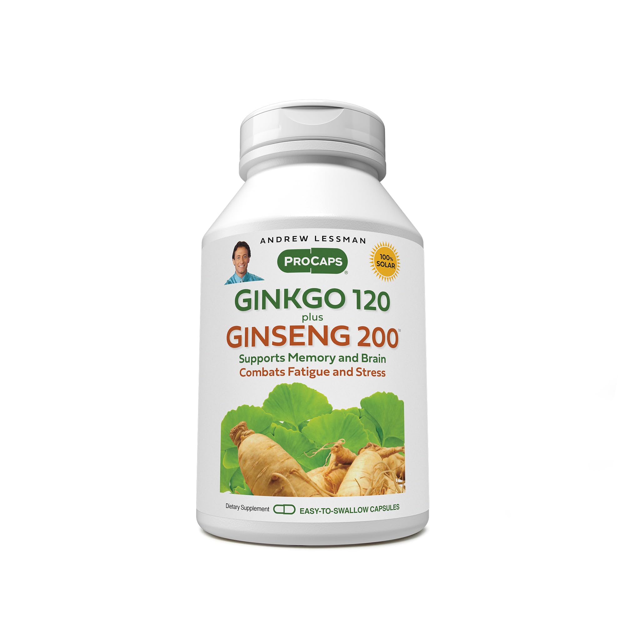 ANDREW LESSMAN Ginkgo 120 Plus Ginseng 200-60 Capsules - Standardized Extract Blend to Support Brain, Memory and Cognitive Function. Adaptogen, Combats Stress and Fatigue. No Additives