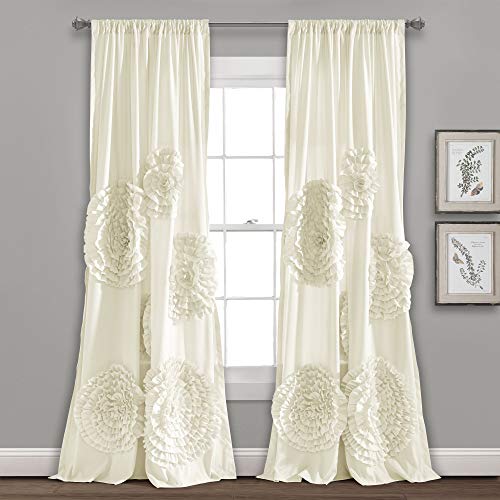 Lush Decor Serena Window Curtain Panel Ruffled Floral Vintage Chic Farmhouse Style Living, Dining Room, Bedroom Décor (Single Panel), 54"W x 95"L, Ivory
