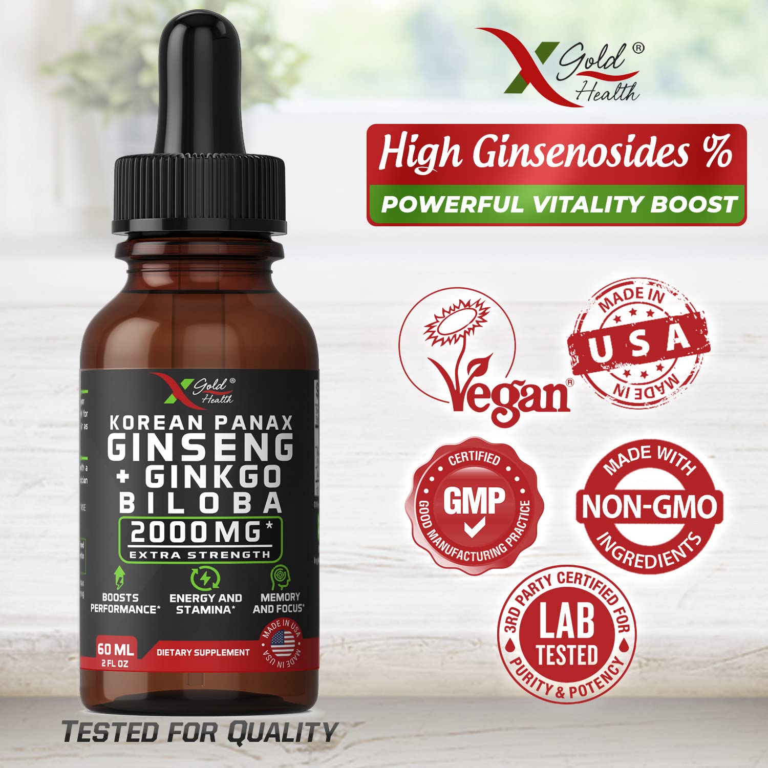 Korean Red Panax Ginseng 2000mg + Ginkgo Biloba Extra Strength Root Extract Supplement for Men & Women,High Ginsenosides, 2 fl oz Natural Advanced Liquid Extract for Energy, Performance & Focus