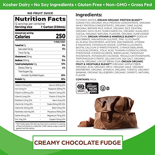Orgain Organic Nutritional Shake, Creamy Chocolate Fudge - Meal Replacement, 16g Grass Fed Whey Protein, 20 Vitamins & Minerals, Gluten & Soy Free, Kosher, Non-GMO, 11 Fl Oz (Pack of 12)