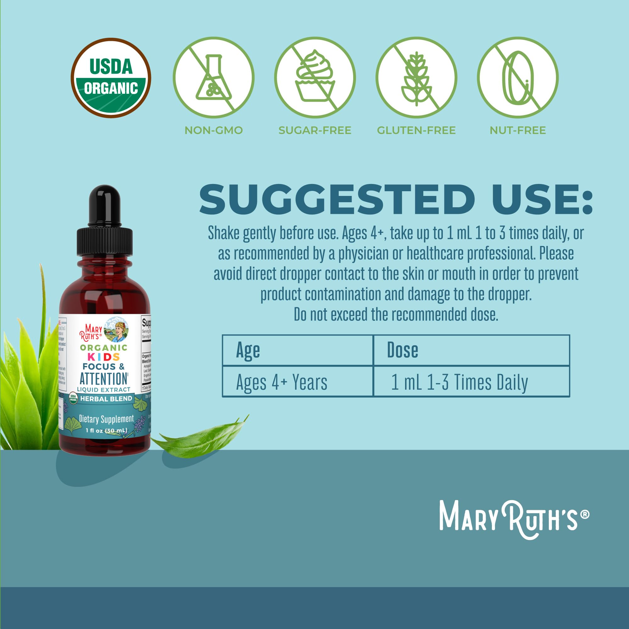 MaryRuth Organics Kids Brain Supplements for Memory and Focus, USDA Organic Drops with Ginkgo Biloba, Rhodiola Root & Licorice Root, Focus & Attention, Calm, Vegan, Non-GMO, Gluten Free, 30 Servings