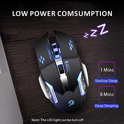 Uciefy T85 Rechargeable Wireless Mouse, 2.4G Ergonomic Silent Gaming Mice Portable Optical with USB Receiver, 3 Adjustable DPI, 6 Buttons LED Lights for Laptop/PC/Chromebook (Black)