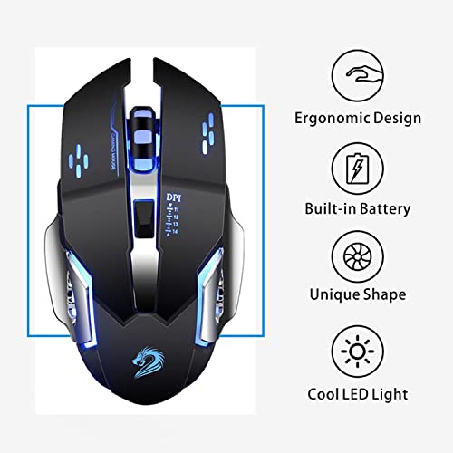 Uciefy T85 Rechargeable Wireless Mouse, 2.4G Ergonomic Silent Gaming Mice Portable Optical with USB Receiver, 3 Adjustable DPI, 6 Buttons LED Lights for Laptop/PC/Chromebook (Black)
