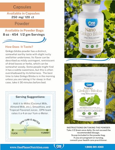 One Planet Nutrition Nano Ginkgo biloba 250 mg Veggie Capsules (120 Servings), Ginkgo biloba Extract, Nano for Higher Absorption, Improves Cognitive Function & Circulation, Non-GMO, Vegan, Gluten Free