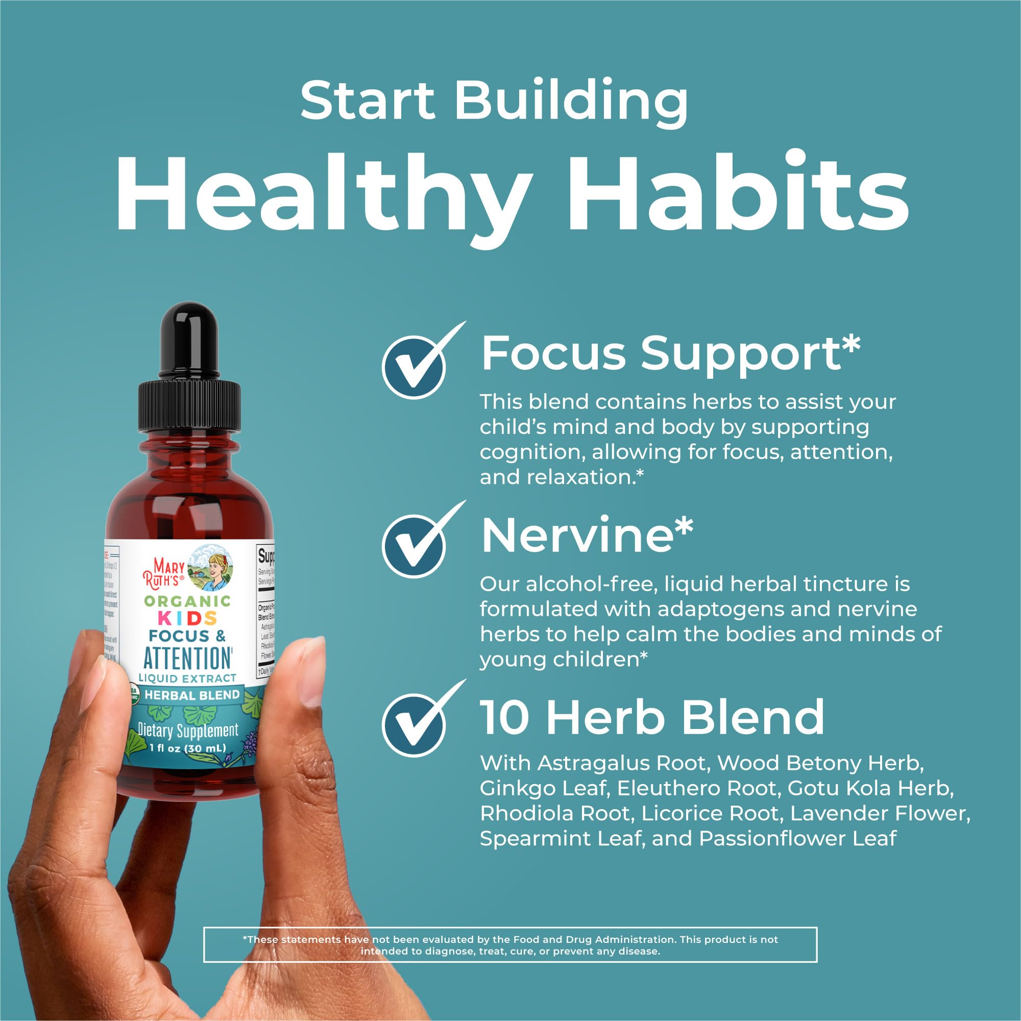 MaryRuth Organics Kids Brain Supplements for Memory and Focus, USDA Organic Drops with Ginkgo Biloba, Rhodiola Root & Licorice Root, Focus & Attention, Calm, Vegan, Non-GMO, Gluten Free, 30 Servings
