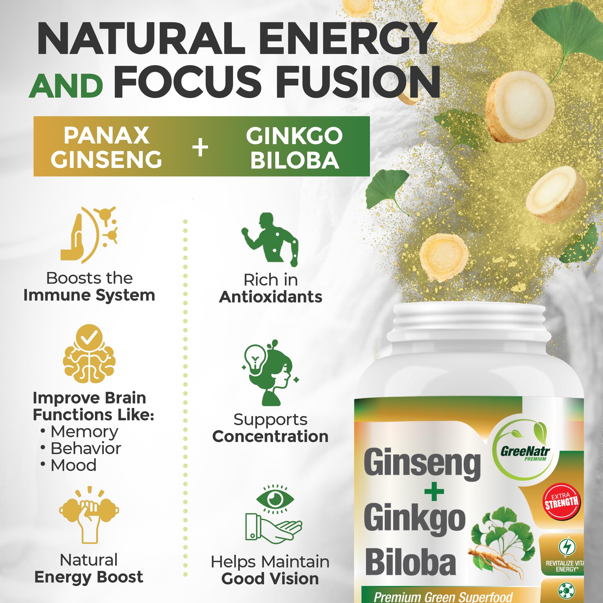 GreeNatr Ginko Biloba & Panax Ginseng Supplement - Red Ginseng Brain Supplement for Memory and Focus - Ginkgo Biloba Supplements for Good Vision, Immune System and Improved Blood Flow - 3 Bottles