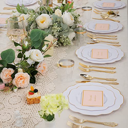 BUCLA 180 Gold Plastic Plates with Disposable Plastic Silverware include 30 Dinner Plates, 30 Salad Plates, 30 Forks, 30 Knives, 30 Spoons,30Cups for Wedding and Thanksgiving Party