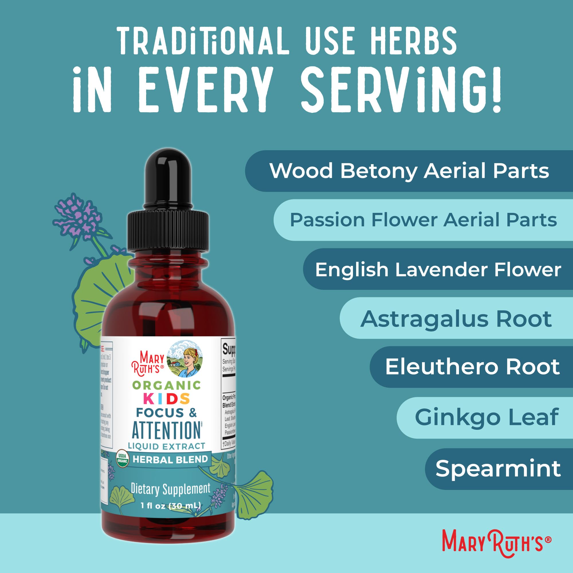 MaryRuth Organics Kids Brain Supplements for Memory and Focus, USDA Organic Drops with Ginkgo Biloba, Rhodiola Root & Licorice Root, Focus & Attention, Calm, Vegan, Non-GMO, Gluten Free, 30 Servings