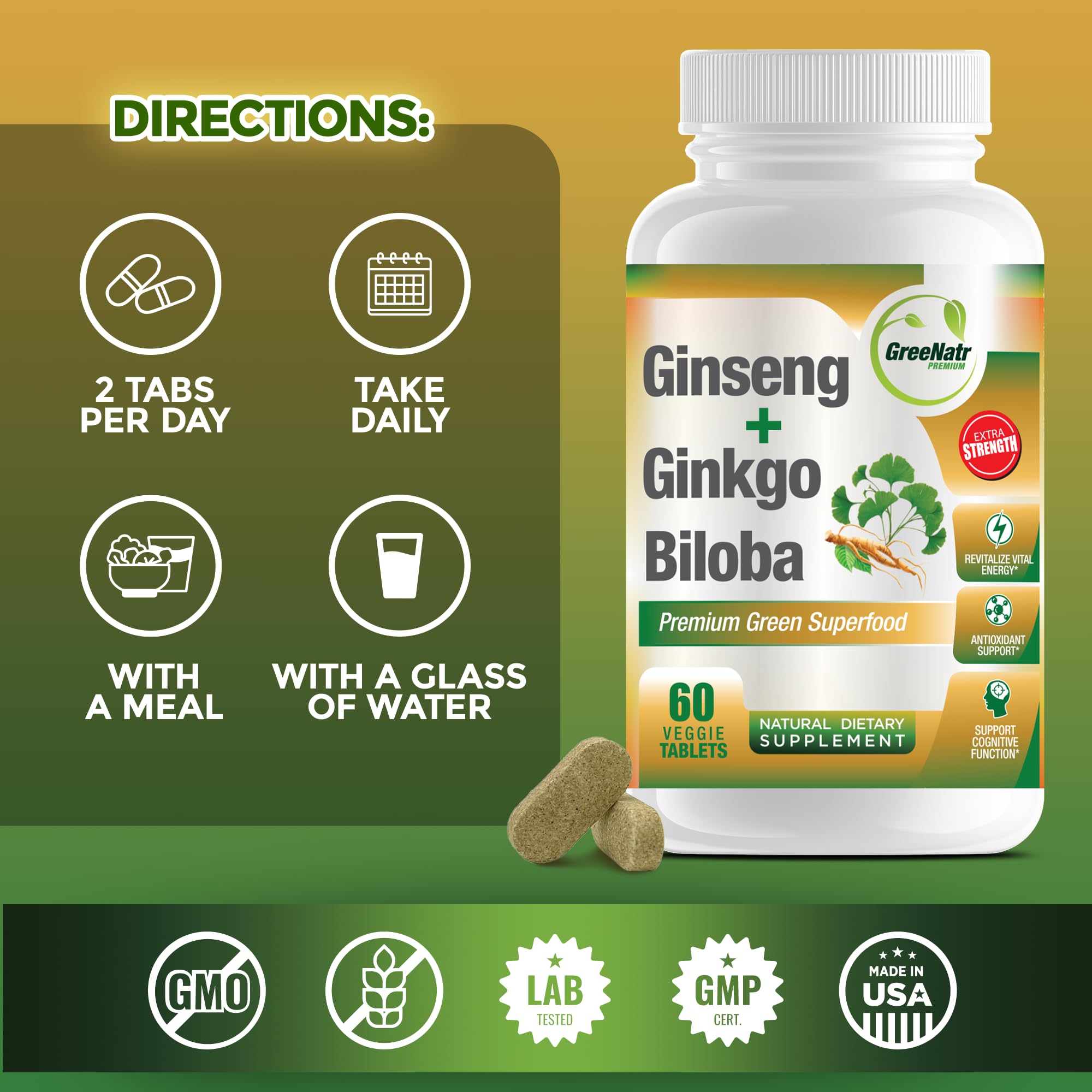 GreeNatr Ginko Biloba & Panax Ginseng Supplement - Red Ginseng Brain Supplement for Memory and Focus - Ginkgo Biloba Supplements for Good Vision, Immune System and Improved Blood Flow - 3 Bottles