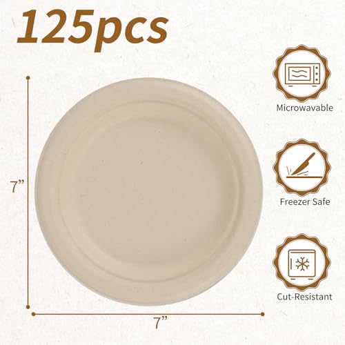 Moretoes 125 Pack 7 Inch Compostable Paper Plates, Plates Disposable Heavy Dutys, Natural Sugarcane Bagasse, Microwavable Plates Bulk (Unbleached)