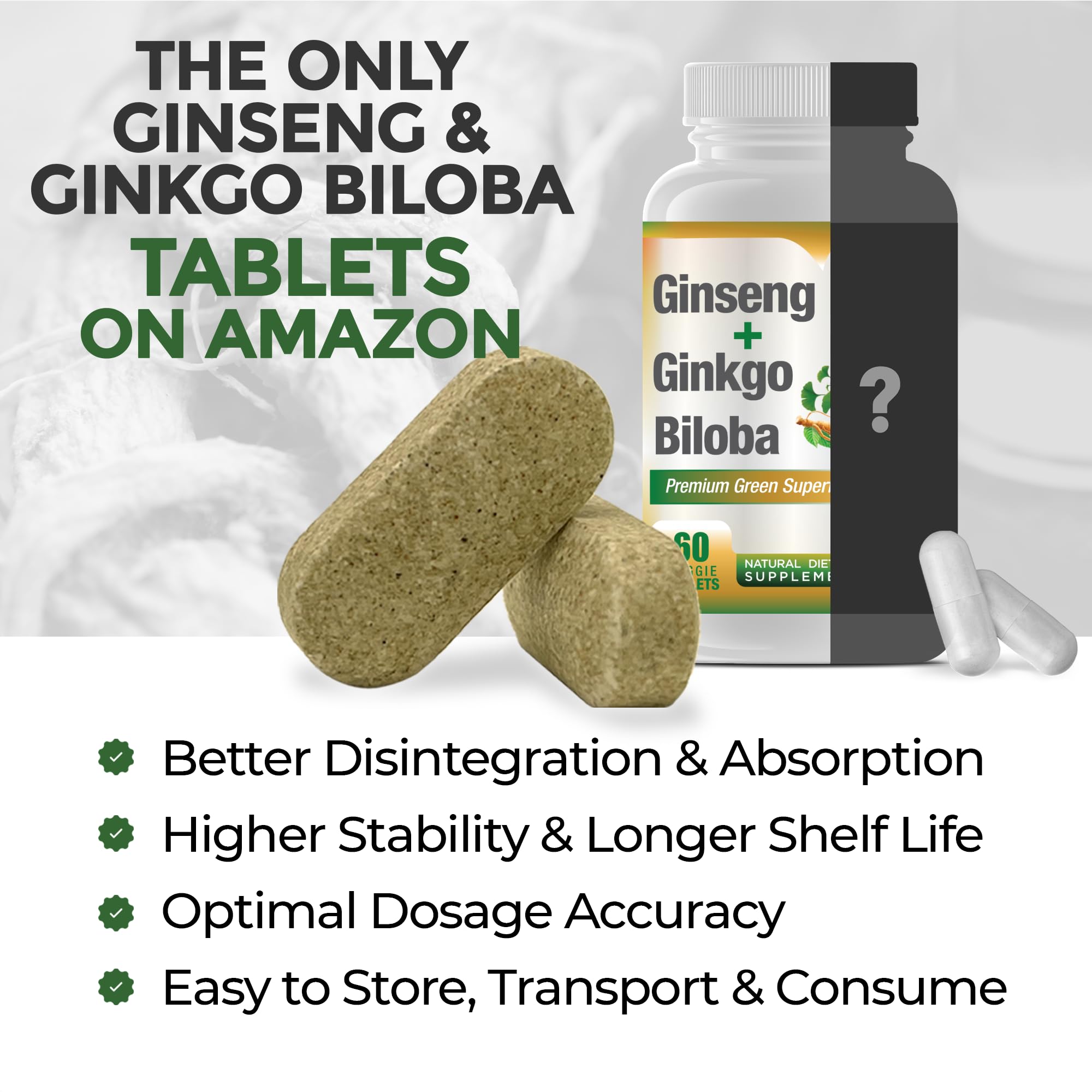 GreeNatr Ginko Biloba & Panax Ginseng Supplement - Red Ginseng Brain Supplement for Memory and Focus - Ginkgo Biloba Supplements for Good Vision, Immune System and Improved Blood Flow - 3 Bottles