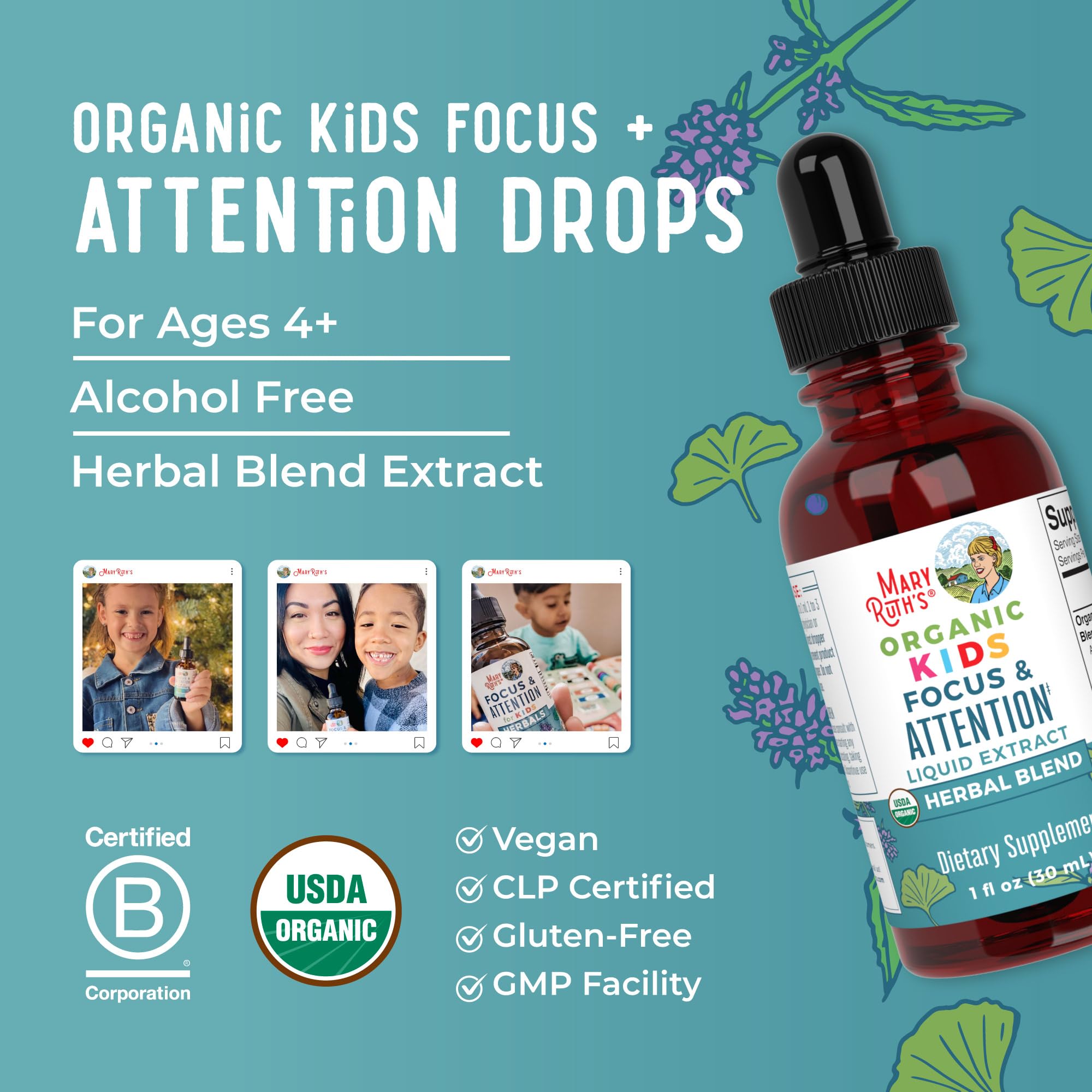 MaryRuth Organics Kids Brain Supplements for Memory and Focus, USDA Organic Drops with Ginkgo Biloba, Rhodiola Root & Licorice Root, Focus & Attention, Calm, Vegan, Non-GMO, Gluten Free, 30 Servings