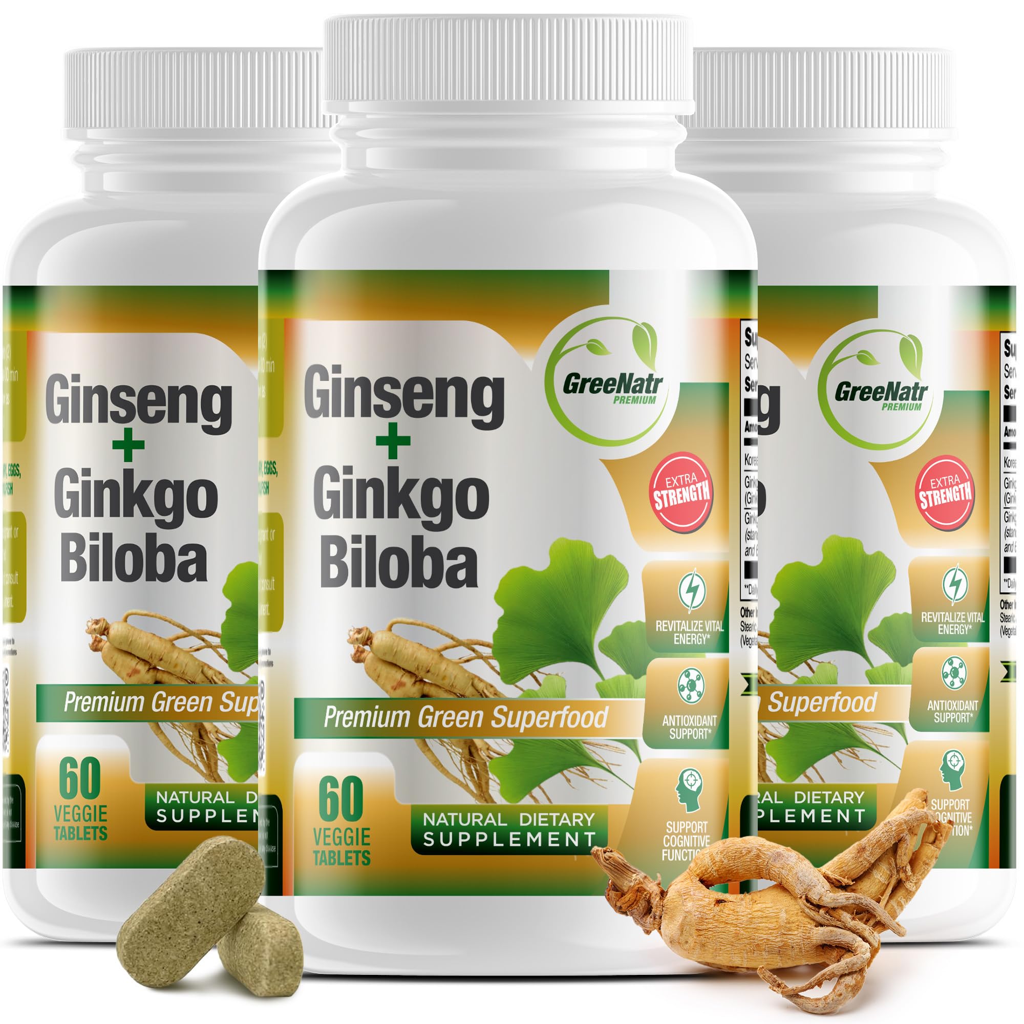 GreeNatr Ginko Biloba & Panax Ginseng Supplement - Red Ginseng Brain Supplement for Memory and Focus - Ginkgo Biloba Supplements for Good Vision, Immune System and Improved Blood Flow - 3 Bottles