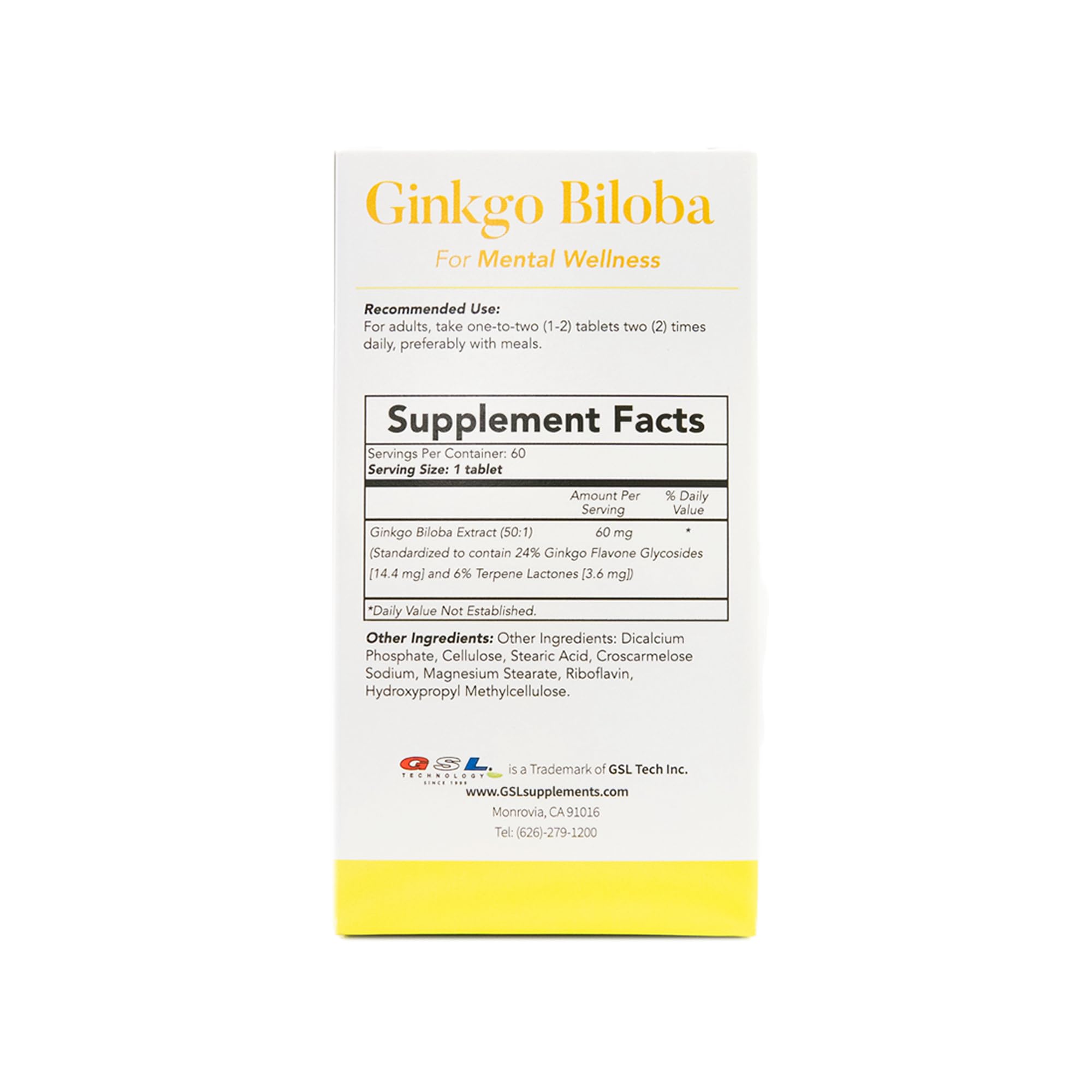 GSL Technology Ginkgo Biloba | 60MG of Ginkgo Biloba 50:1 Extract (Equivalent to 3000MG Per Tablet) | Made in USA (60 Tablets)