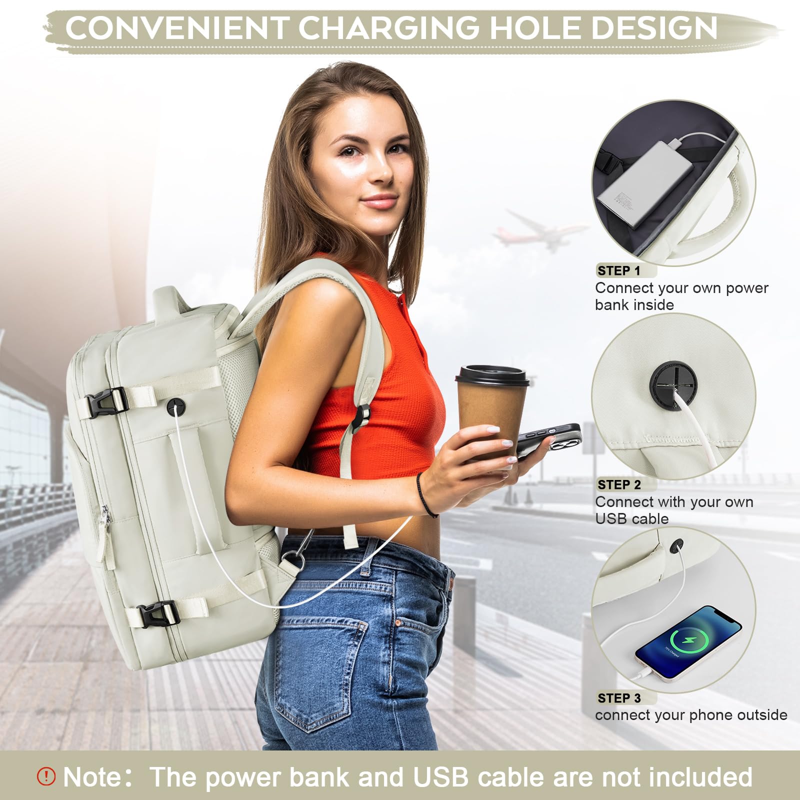 Getravel Large Travel Backpack Women, Carry On Backpack, Airplane Approved Personal Item Bag, Lightweight Laptop Backpack, Casual Work Gym College Weekender Bag, Beige
