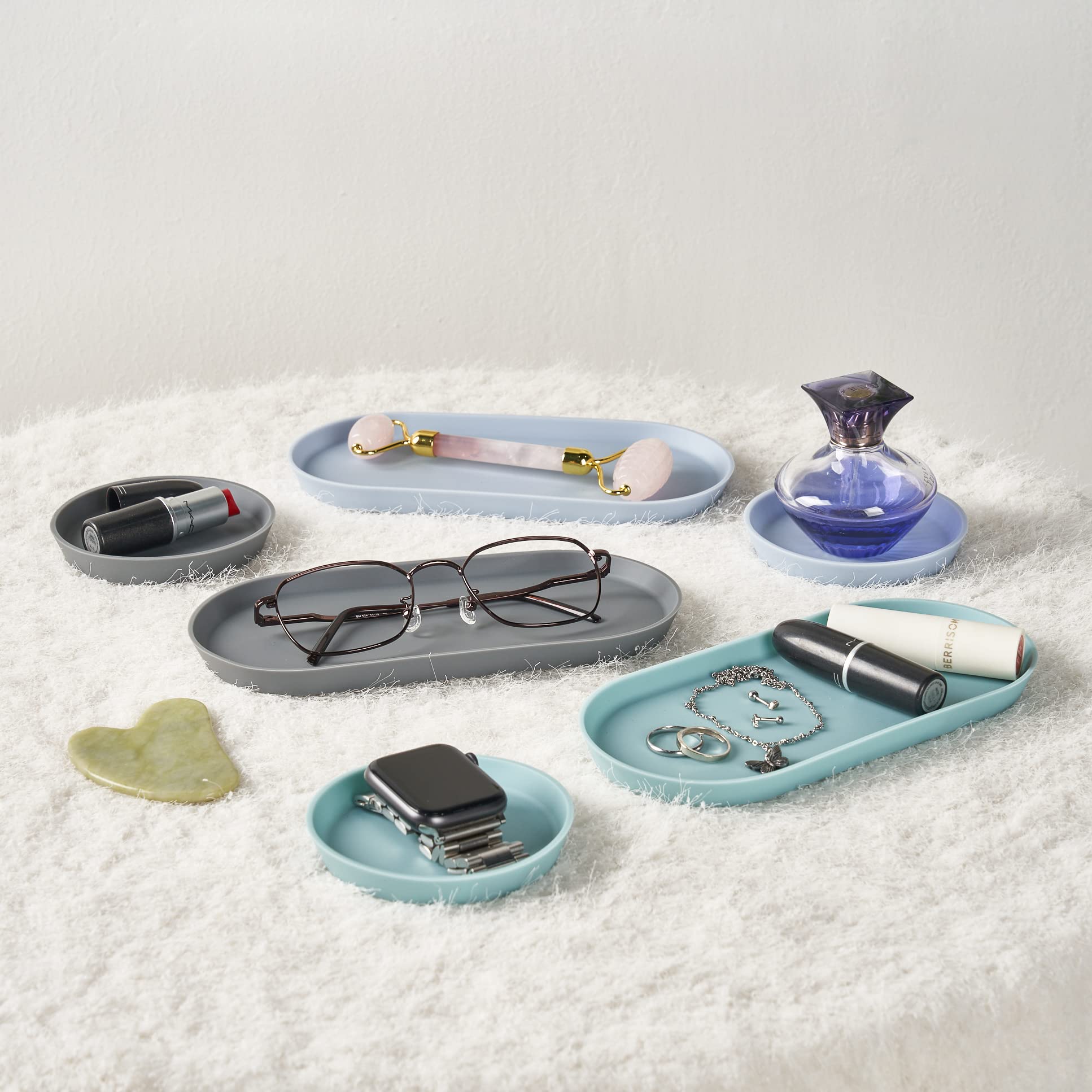 Blue Ginkgo Mini Silicone Trays β Set of 6 Easy-Clean Organizers for Bathroom, Kitchen, Desk, Vanity, and Cosmetics (Blue, Mint, Gray)