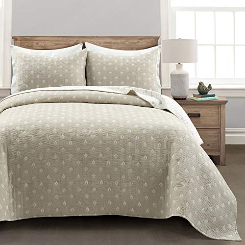Lush Decor Hygge Kantha Pick Stitch Yarn Dyed Cotton Jacquard 3 Piece Quilt/Coverlet Set, Full/Queen, Neutral & Off-White