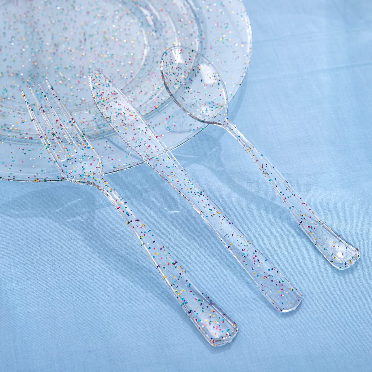Rubtlamp 180PCS Glitter Plastic Plates with Glitter Disposable Silverware, Clear Glitter Plates for 30 Guests Include 30Dinner Platos, 30Dessert Platos, 90Cutlerys, 30Cups for Party