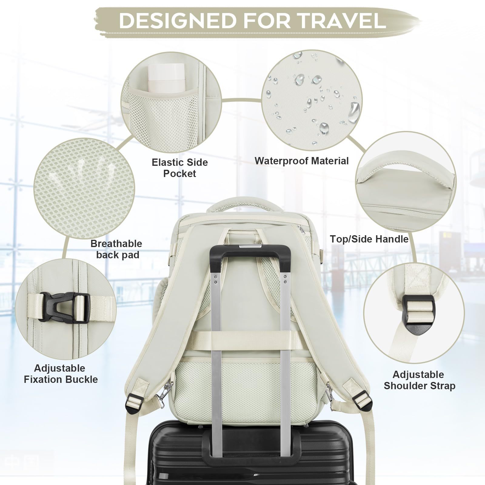 Getravel Large Travel Backpack Women, Carry On Backpack, Airplane Approved Personal Item Bag, Lightweight Laptop Backpack, Casual Work Gym College Weekender Bag, Beige