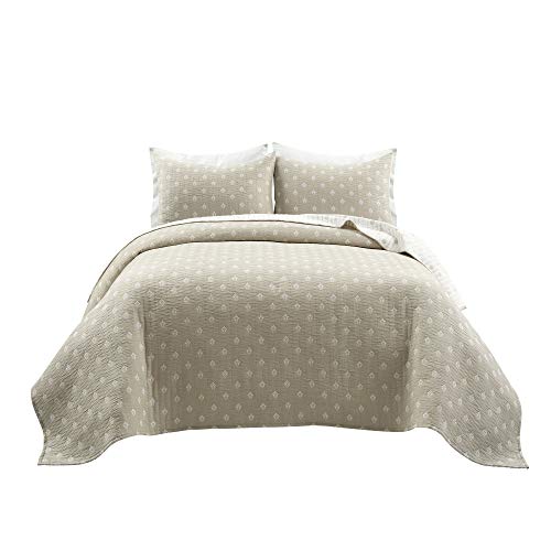 Lush Decor Hygge Kantha Pick Stitch Yarn Dyed Cotton Jacquard 3 Piece Quilt/Coverlet Set, Full/Queen, Neutral & Off-White
