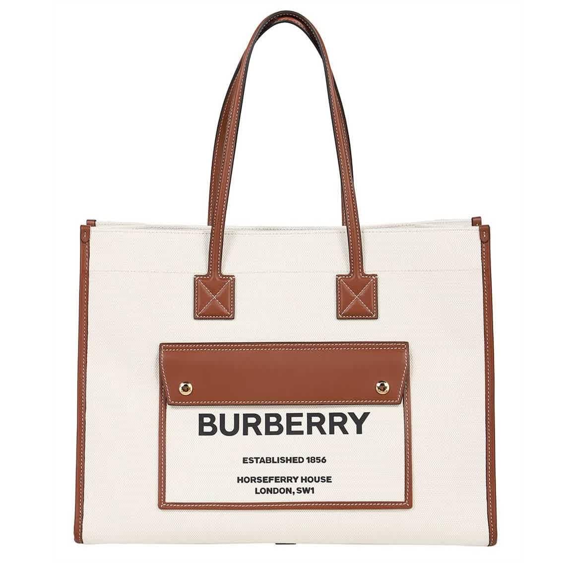 BURBERRY Freya Medium Two-tone Canvas And Leather Tote In Natural/Tan