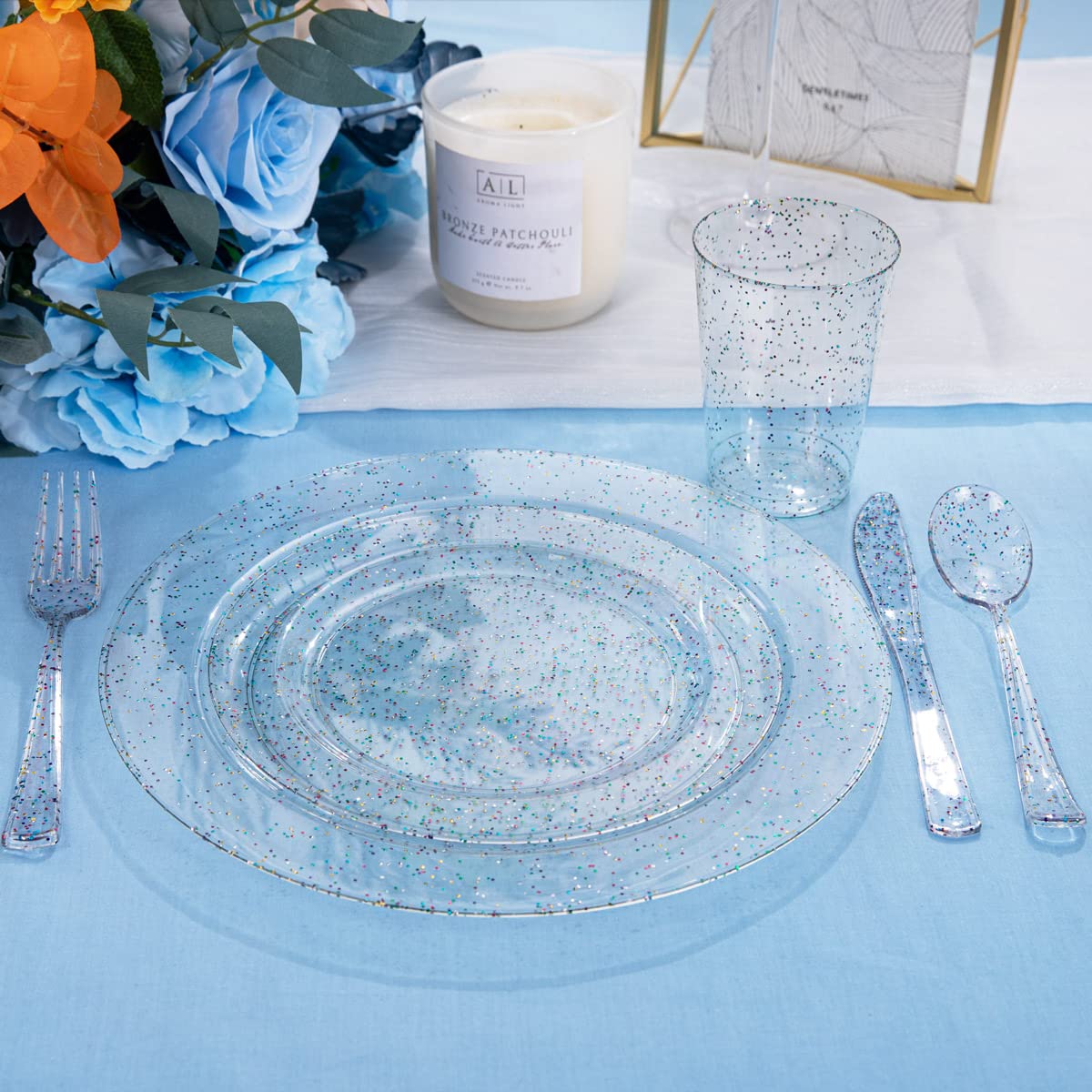 Rubtlamp 180PCS Glitter Plastic Plates with Glitter Disposable Silverware, Clear Glitter Plates for 30 Guests Include 30Dinner Platos, 30Dessert Platos, 90Cutlerys, 30Cups for Party