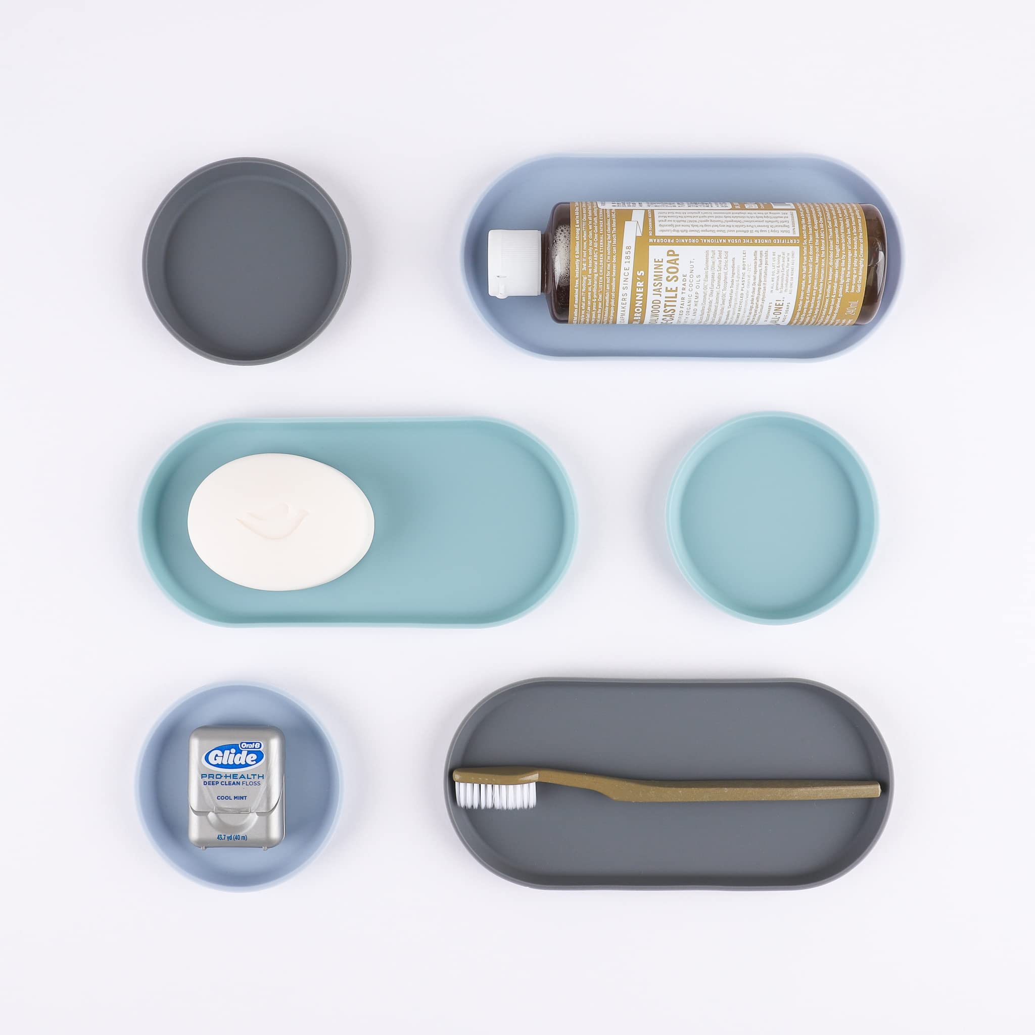 Blue Ginkgo Mini Silicone Trays β Set of 6 Easy-Clean Organizers for Bathroom, Kitchen, Desk, Vanity, and Cosmetics (Blue, Mint, Gray)