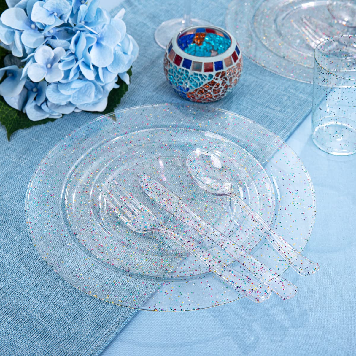 Rubtlamp 180PCS Glitter Plastic Plates with Glitter Disposable Silverware, Clear Glitter Plates for 30 Guests Include 30Dinner Platos, 30Dessert Platos, 90Cutlerys, 30Cups for Party