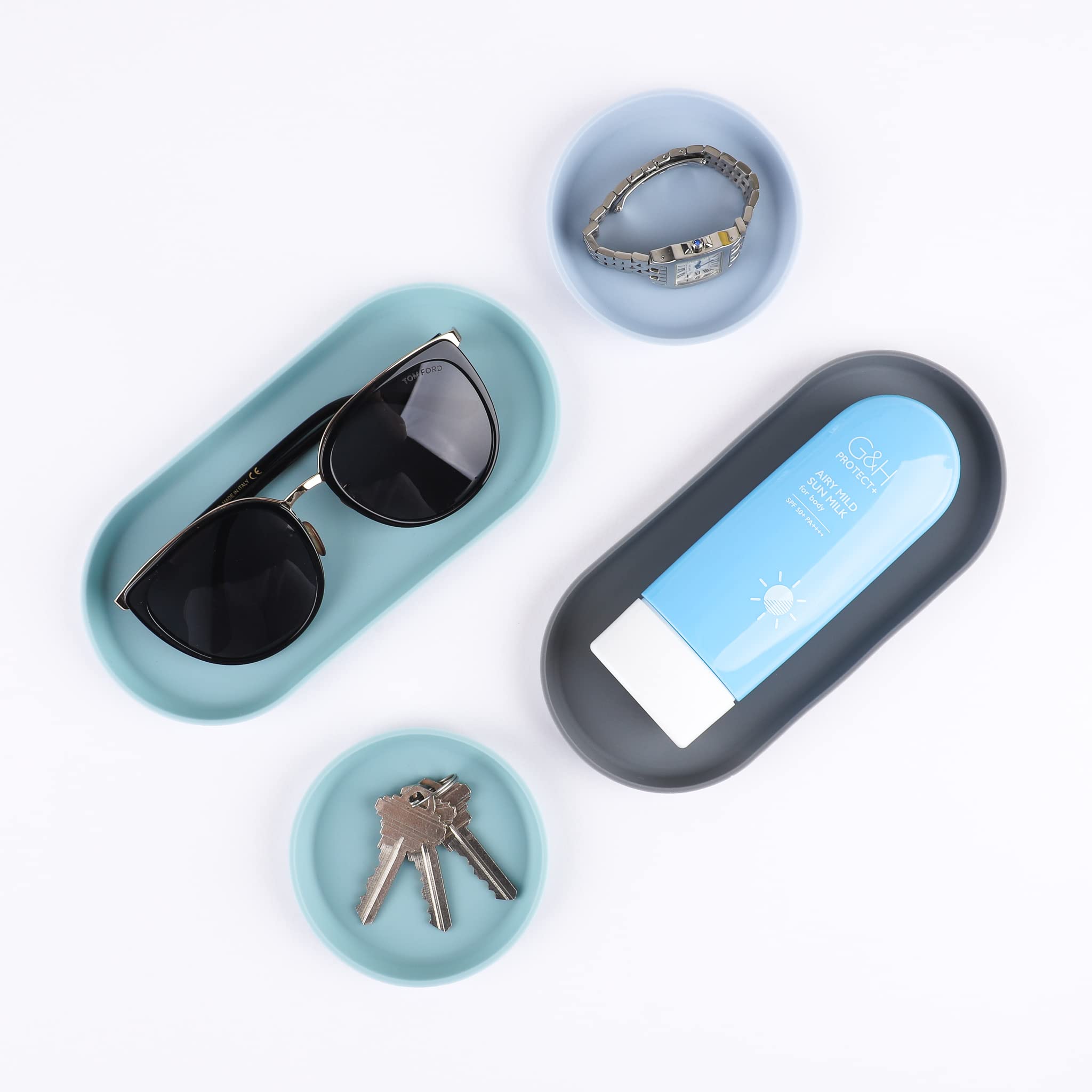 Blue Ginkgo Mini Silicone Trays β Set of 6 Easy-Clean Organizers for Bathroom, Kitchen, Desk, Vanity, and Cosmetics (Blue, Mint, Gray)