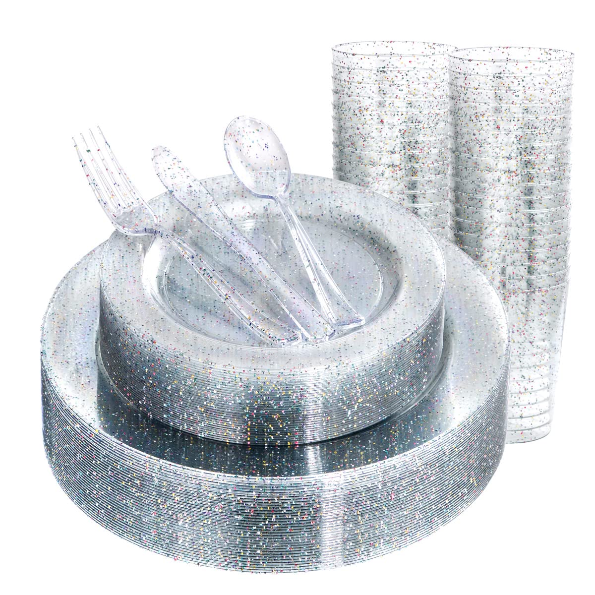 Rubtlamp 180PCS Glitter Plastic Plates with Glitter Disposable Silverware, Clear Glitter Plates for 30 Guests Include 30Dinner Platos, 30Dessert Platos, 90Cutlerys, 30Cups for Party