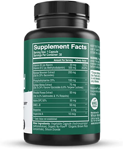 Whole Nature Brain Booster Nootropics - Brain Shield with Ginkgo Biloba, Alpha GPC and Bacopa Monnieri, Vitamin B12, B3 - Support Focus, Memory & Clarity, Energy & Stress Relief. (1)
