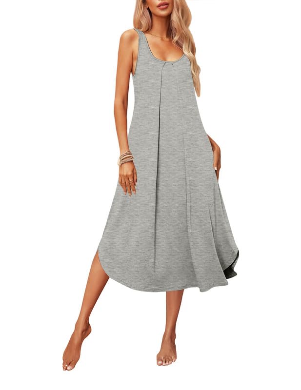 Ekouaer Women Nightgowns Long Sleeveless Sleepshirt Soft Tank Sleepwear Full Slip Nightshirt Light Grey L