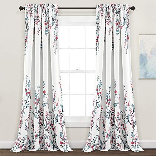 Lush Decor Mirabelle Watercolor Floral Room Darkening Window Curtain Panel Pair, 95 in x 52 in (L x W), Blue & Coral