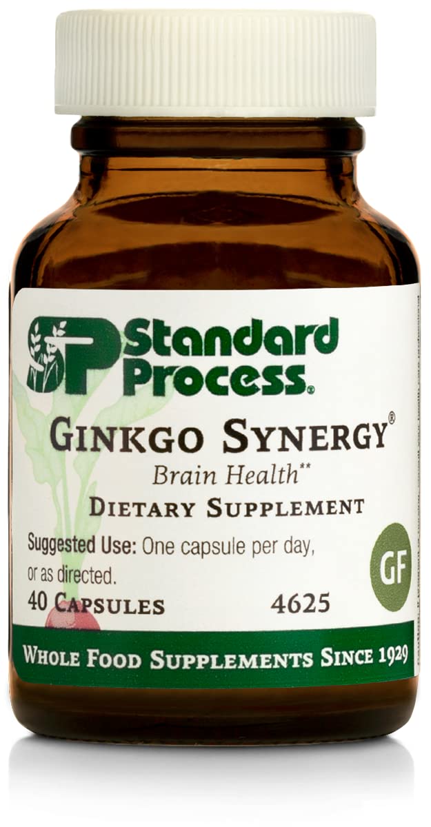 Standard Process Inc. Ginkgo Synergy - Whole Food Mental Clarity, Brain Health Supplement, Brain Support and Blood Flow with Grapeseed Extract, Buckwheat, Gotu Kola, Ginkgo Biloba - 40 Capsules