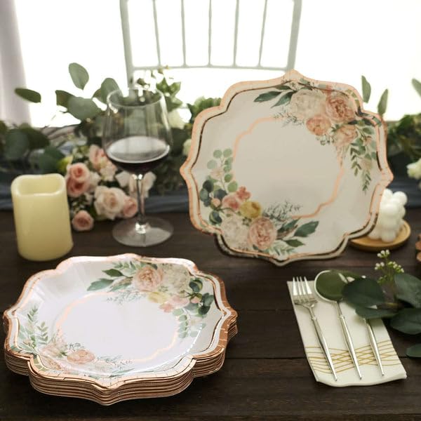 Tableclothsfactory 25 Pack | Floral 10" Scallop Rim Dinner Party Paper Plates, Disposable Plates - 300 GSM
