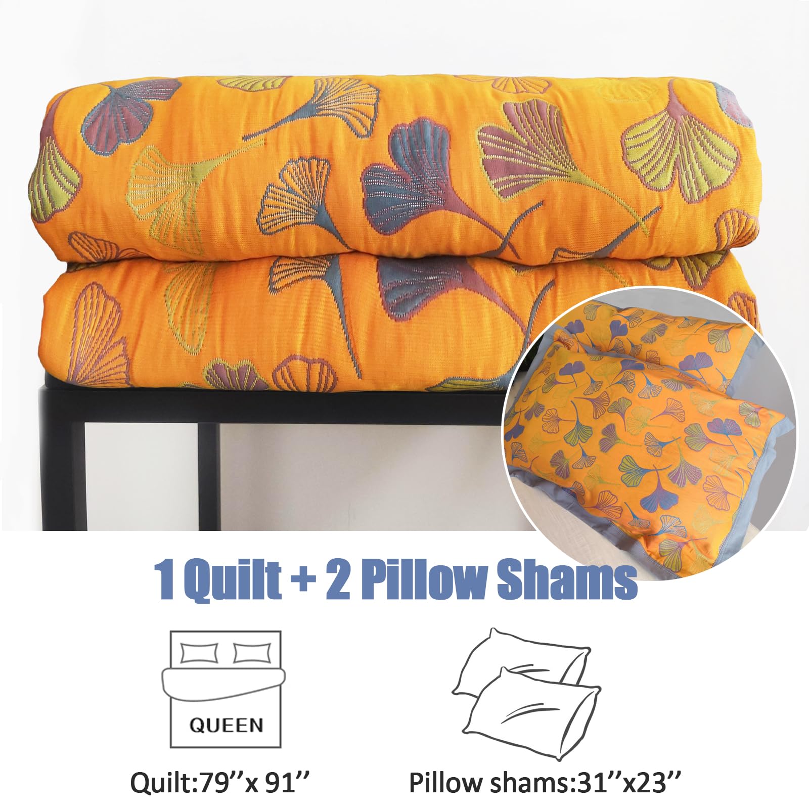 Ginkgo Queen Quilt Bedding Set 3 Piece Lightweight Cotton Queen Bedspread Coverlet Set for All Season Soft Reversible Quilt Set (Includes 1 Quilt, 2 Pillow Shams)