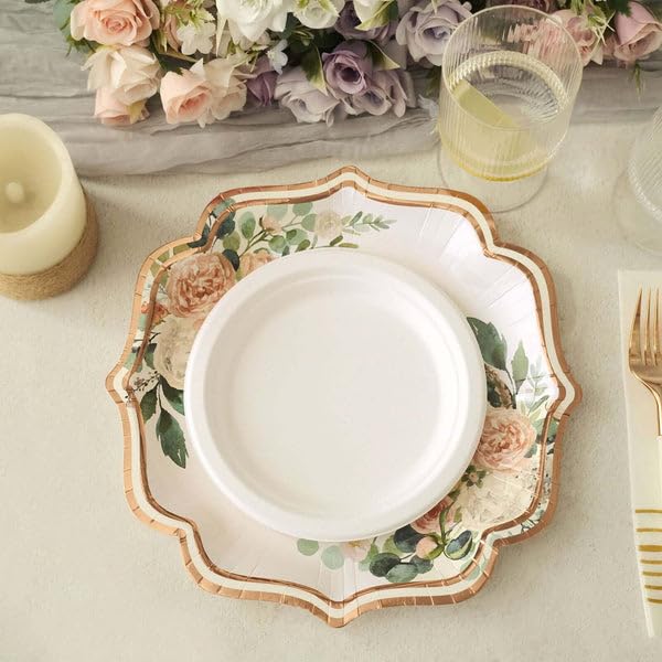 Tableclothsfactory 25 Pack | Floral 10" Scallop Rim Dinner Party Paper Plates, Disposable Plates - 300 GSM