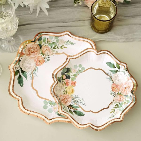 Tableclothsfactory 25 Pack | Floral 10" Scallop Rim Dinner Party Paper Plates, Disposable Plates - 300 GSM