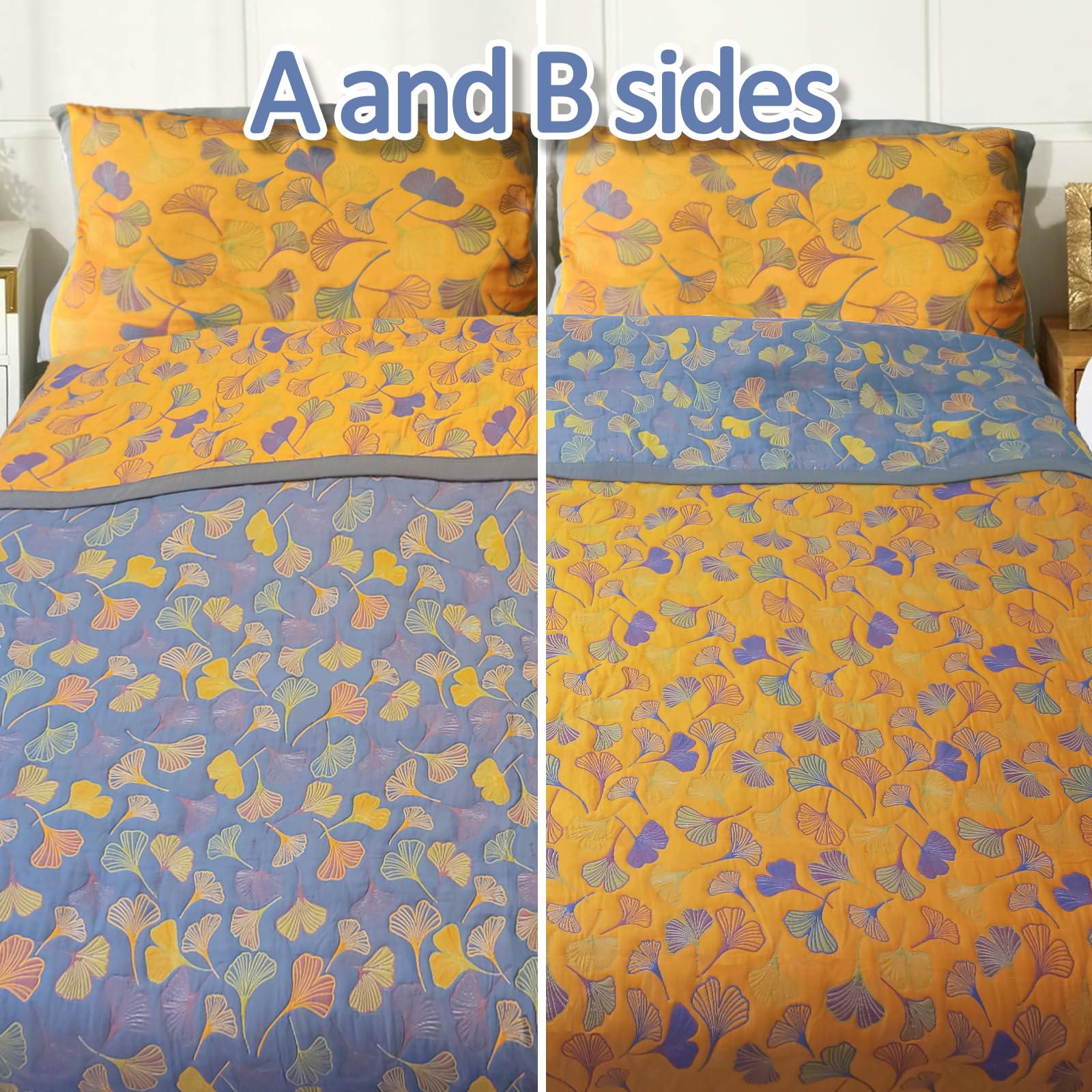 Ginkgo Queen Quilt Bedding Set 3 Piece Lightweight Cotton Queen Bedspread Coverlet Set for All Season Soft Reversible Quilt Set (Includes 1 Quilt, 2 Pillow Shams)